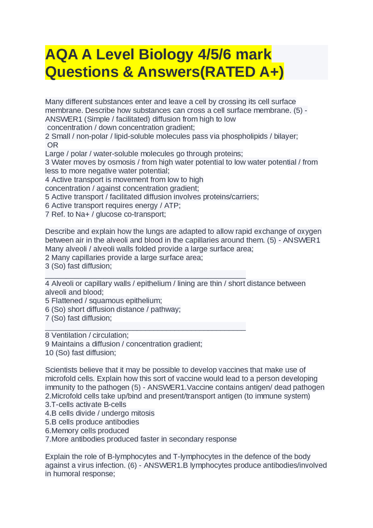 AQA A Level Biology 4/5/6 mark Questions & Answers(RATED A+) | Exams ...