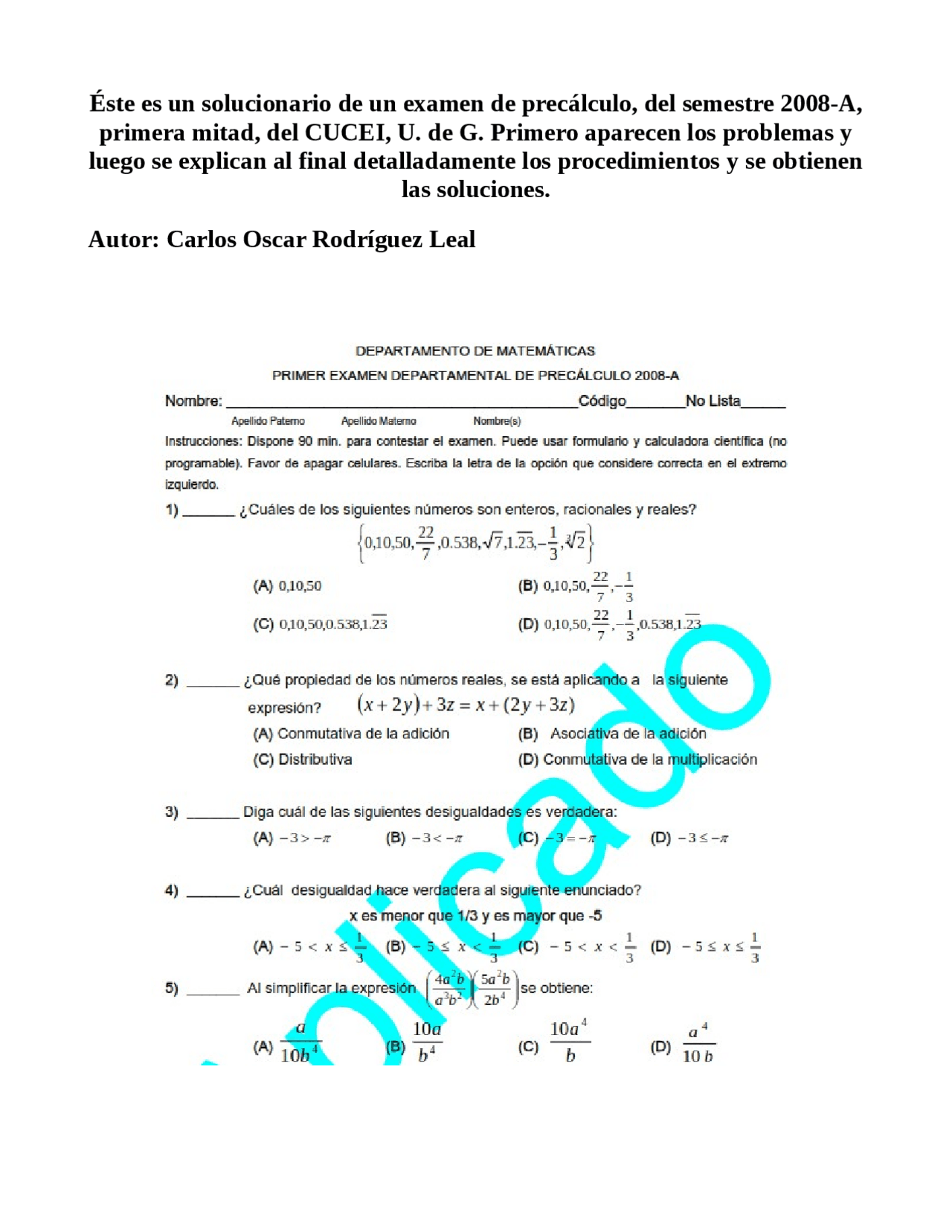 Examen universitario de precálculo, primera mitad | Exámenes de Álgebra ...