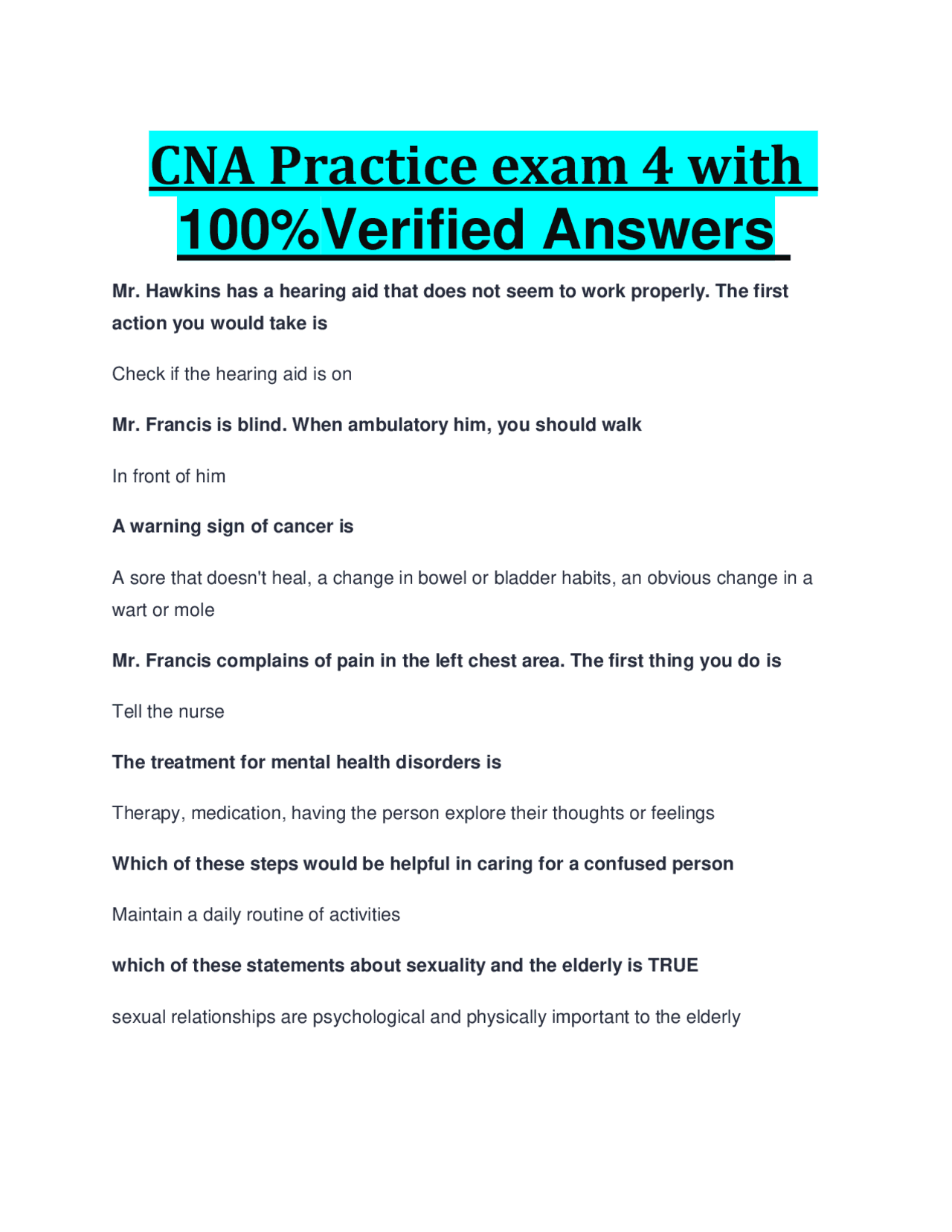 CNA Practice exam 4 with 100%Verified Answers | Exams Nursing | Docsity
