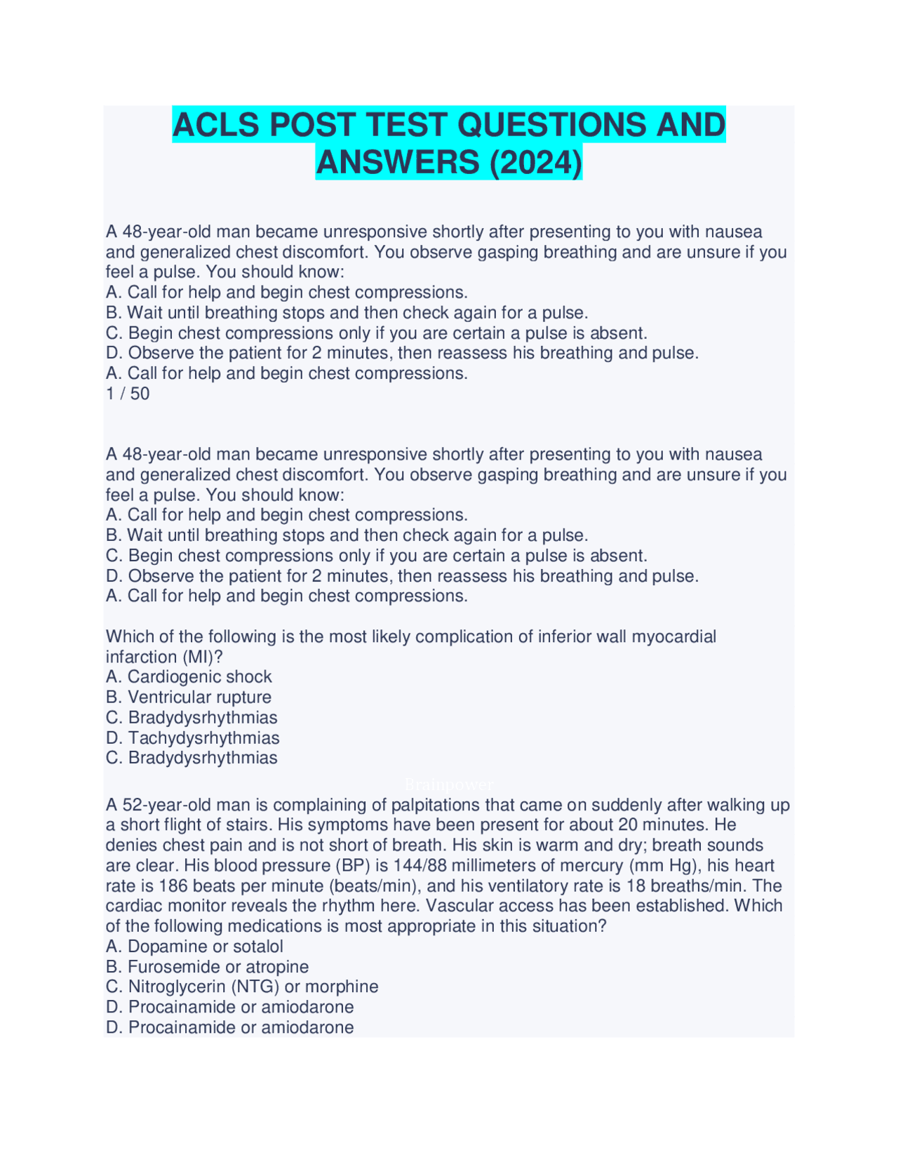 ACLS POST TEST QUESTIONS AND ANSWERS (2024) | Exams Nursing | Docsity