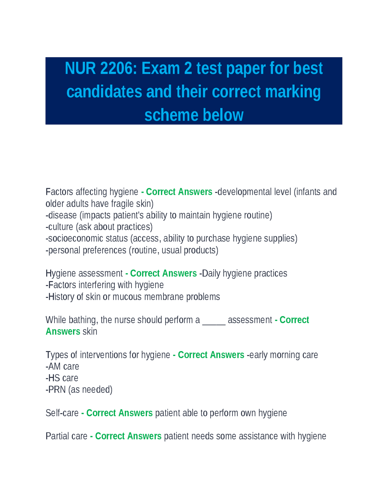 NUR 2206: Exam 2 test paper for best candidates and their correct ...