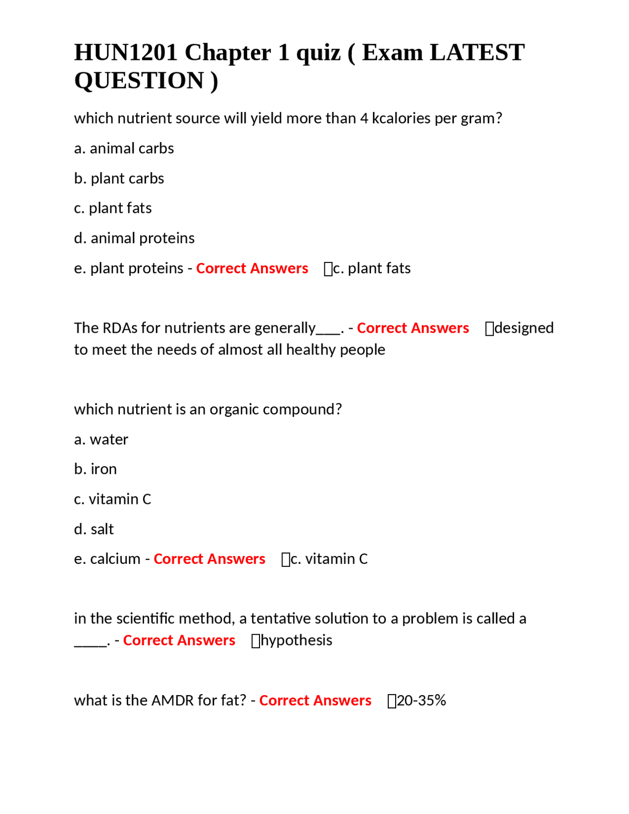 Nutrition Quiz Answers and Explanations | Exams Nursing | Docsity