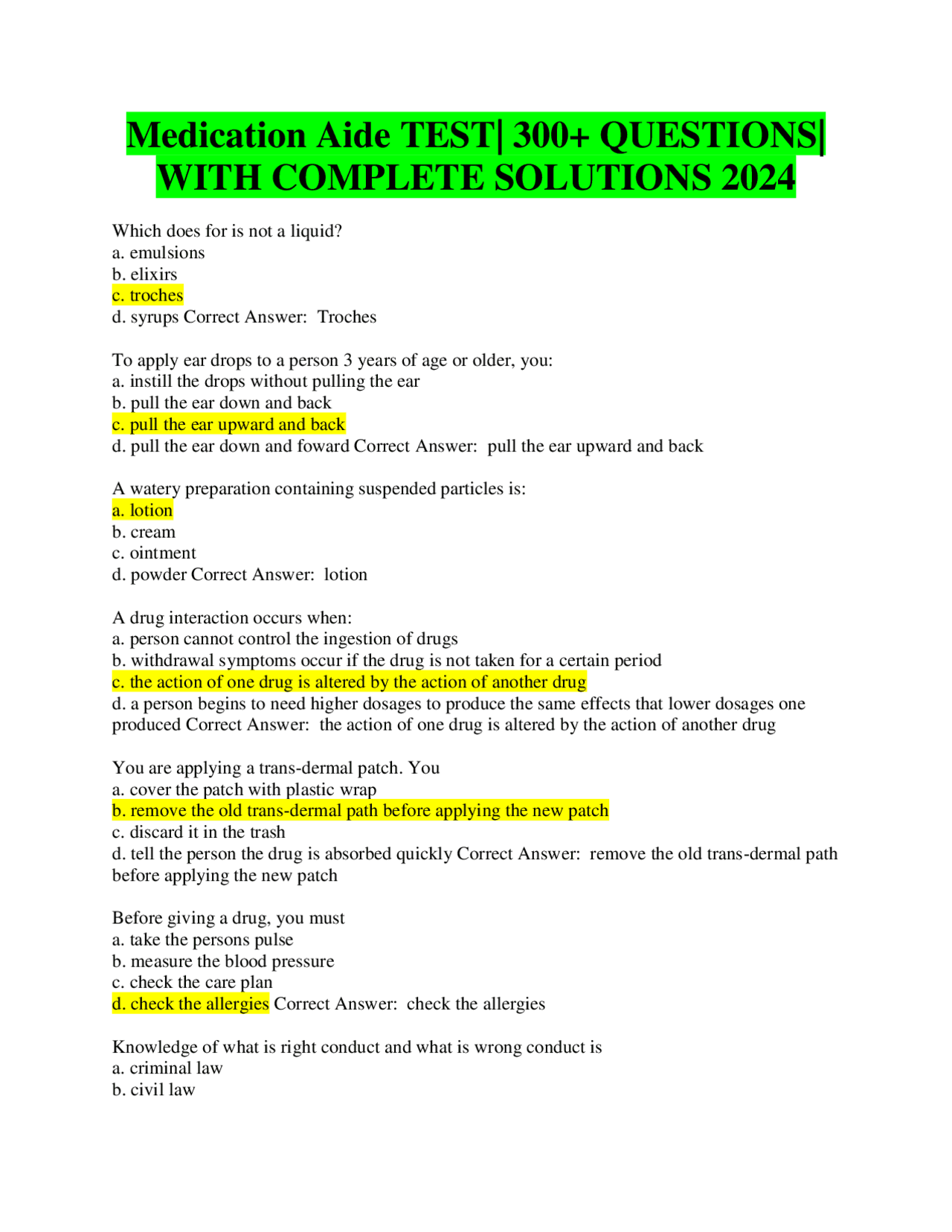 Medication Aide TEST| 300+ QUESTIONS| WITH COMPLETE SOLUTIONS 2024 ...