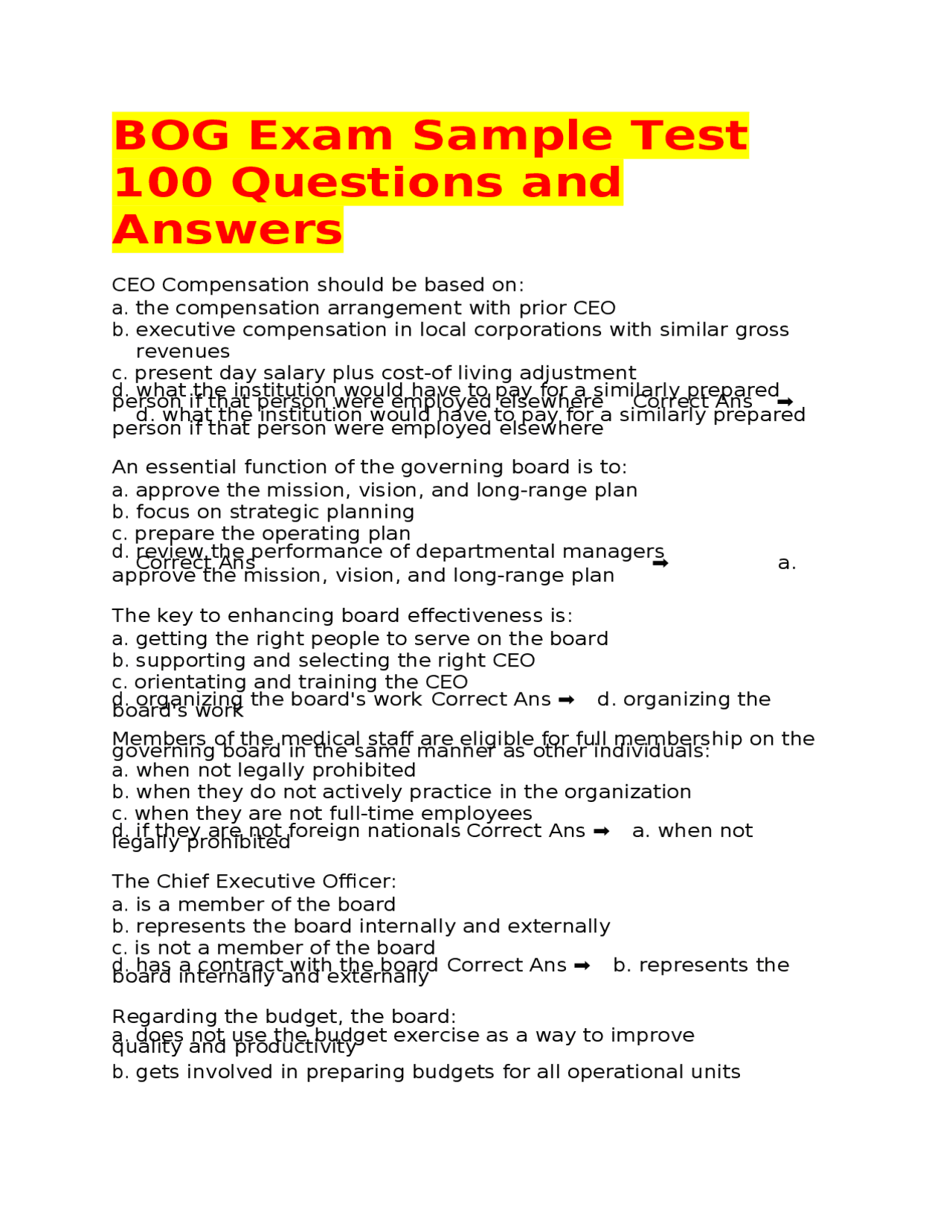 BOG Exam Sample Test 100 Questions and Answers | Study notes Leadership ...