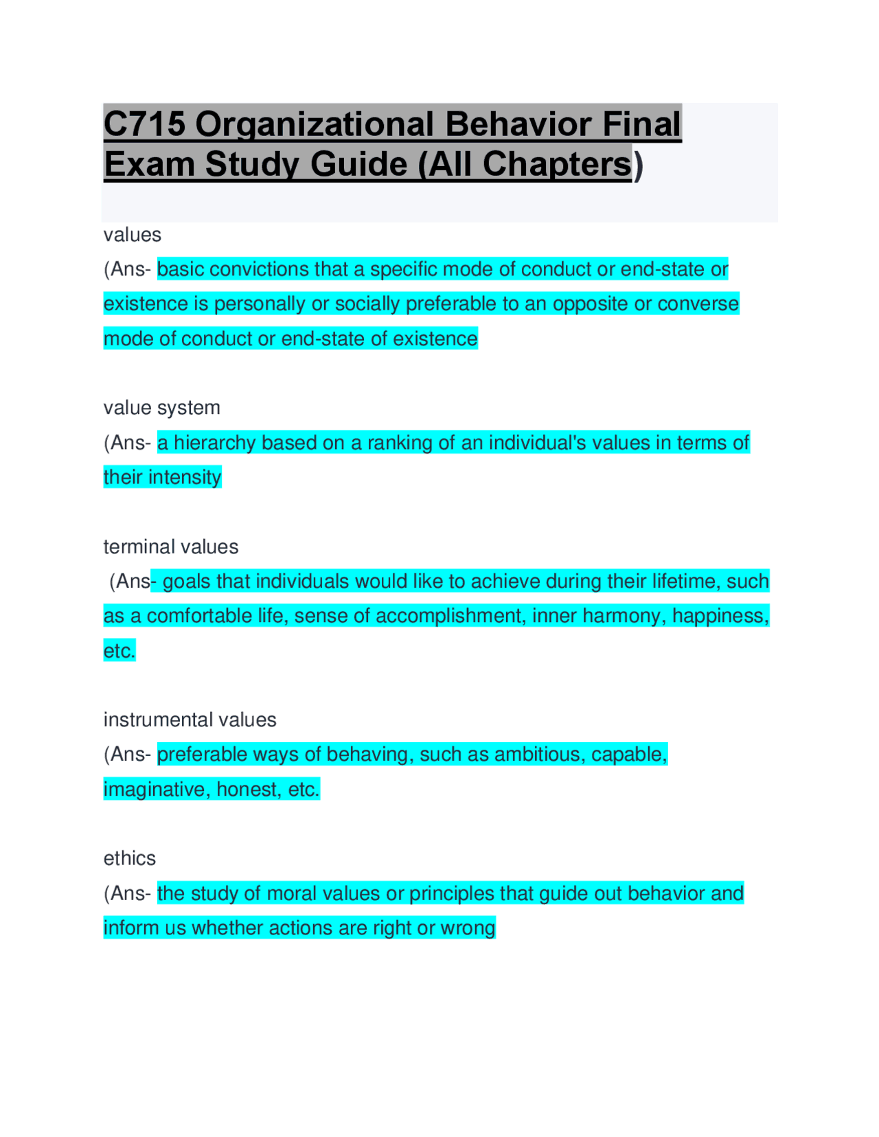 C715 Organizational Behavior Final Exam Study Guide (All Chapters ...