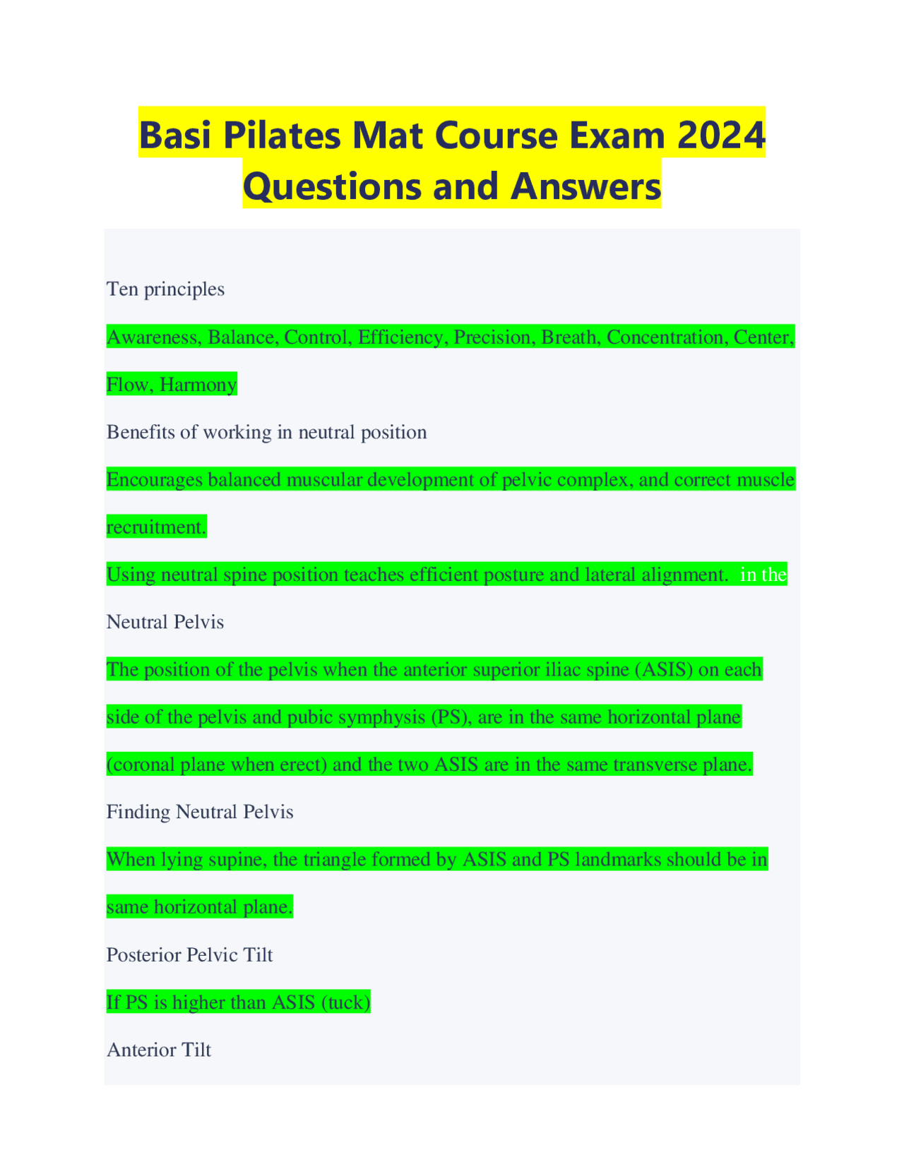 Basi Pilates Mat Course Exam 2024 Questions and Answers | Exams Nursing ...