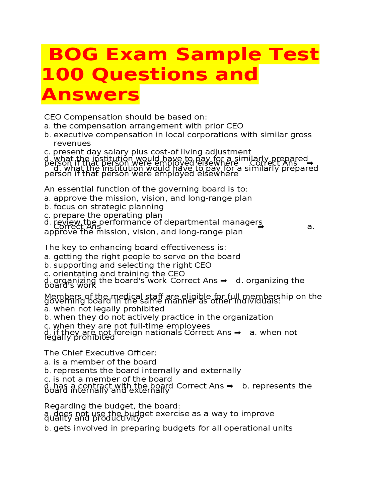 BOG Exam Sample Test 100 Questions and Answers | Study notes Leadership ...