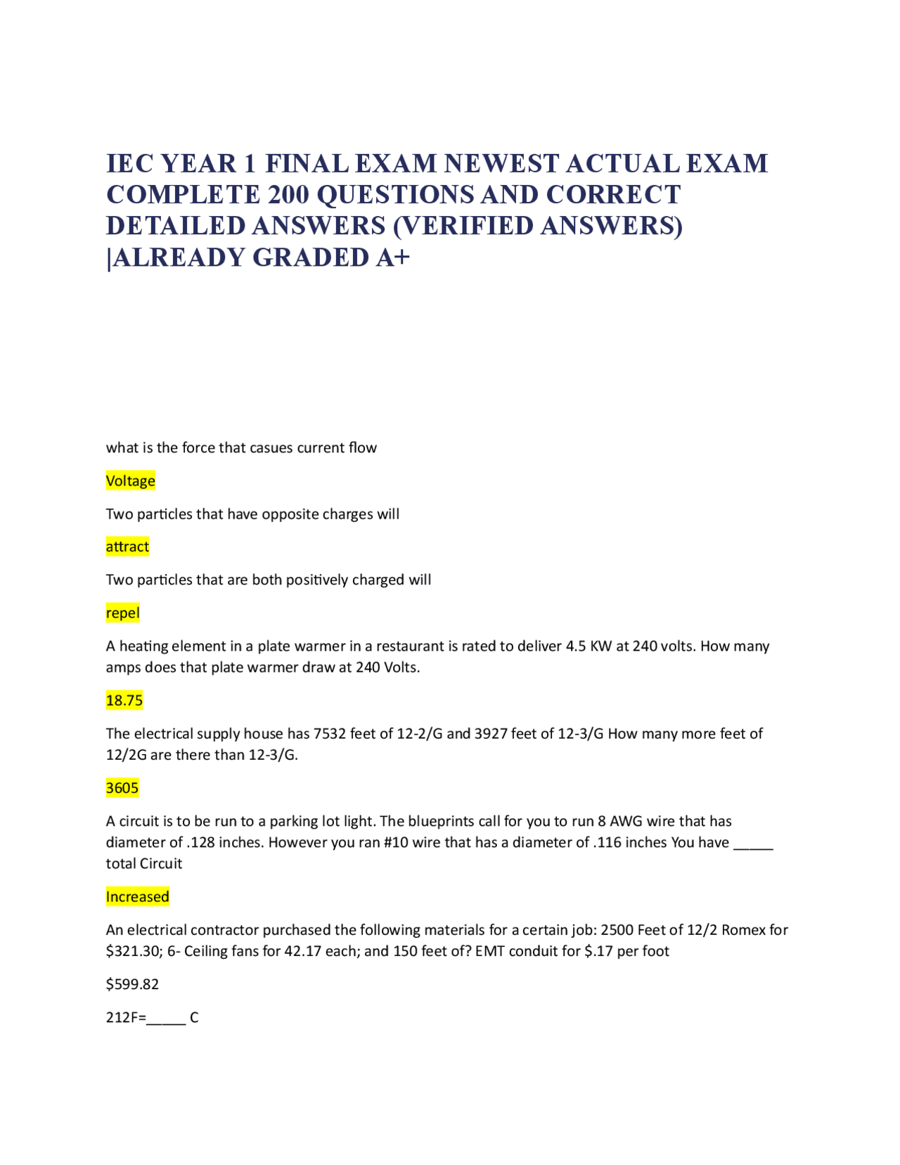 IEC YEAR 1 FINAL EXAM NEWEST ACTUAL EXAM COMPLETE 200 QUESTIONS AND ...