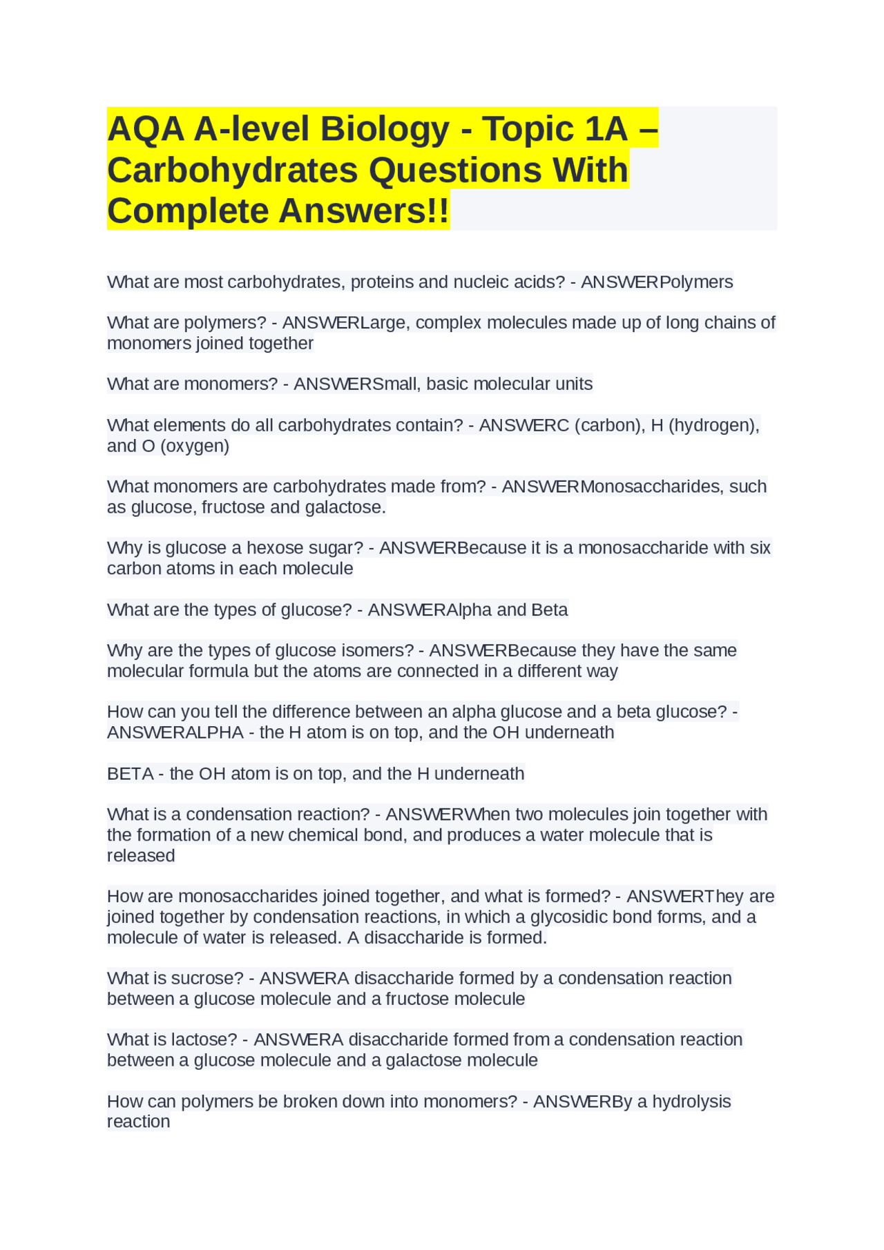 AQA A-level Biology - Topic 1A – Carbohydrates Questions With Complete ...