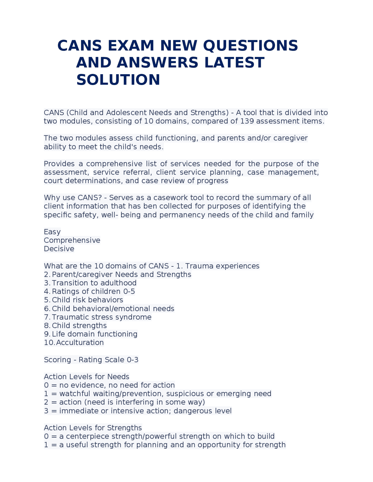 Child and Adolescent Needs and Strengths (CANS) Exam Questions and ...