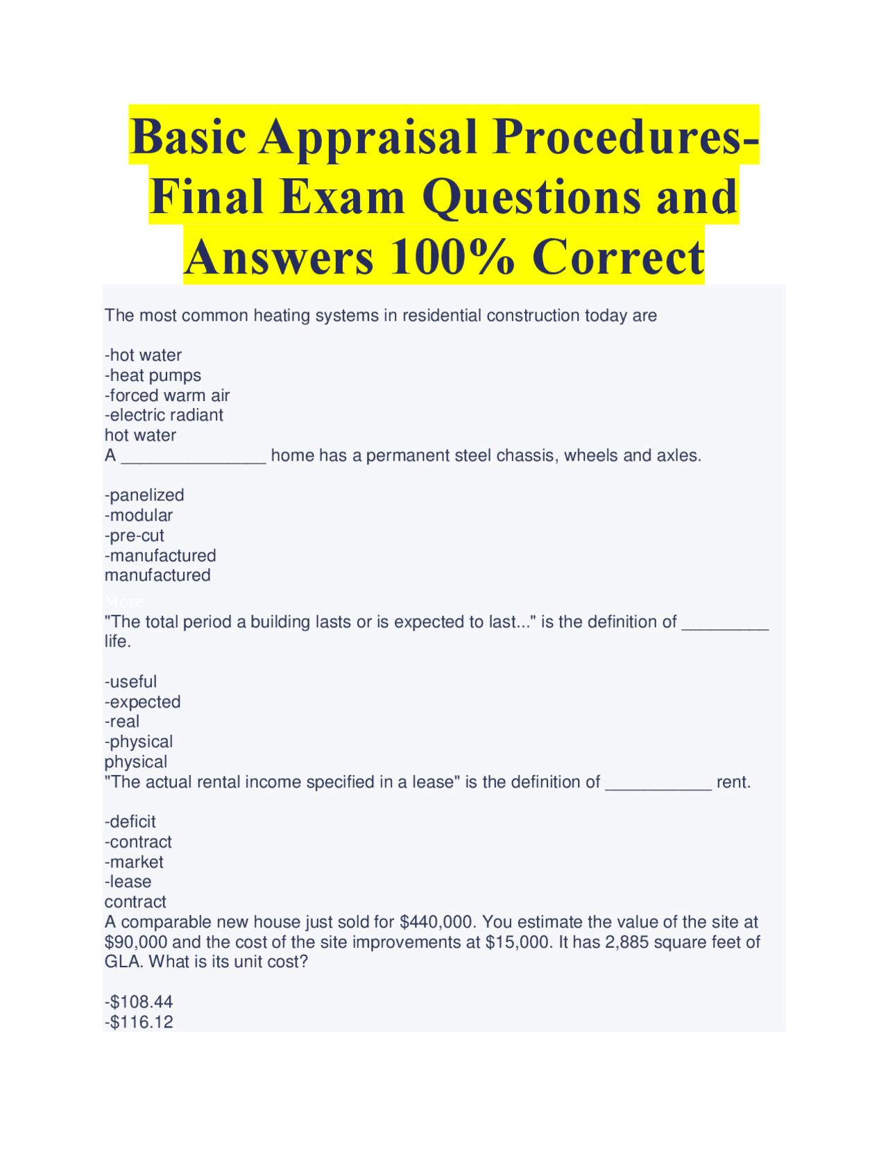 Basic Appraisal Procedures Final Exam Questions and Answers 100% ...