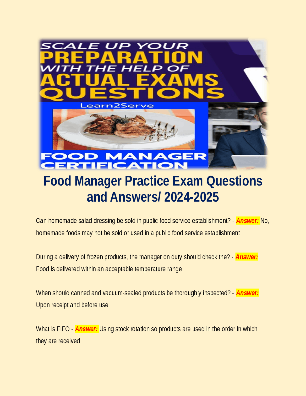 Food Manager Practice Exam | Exams Food science | Docsity