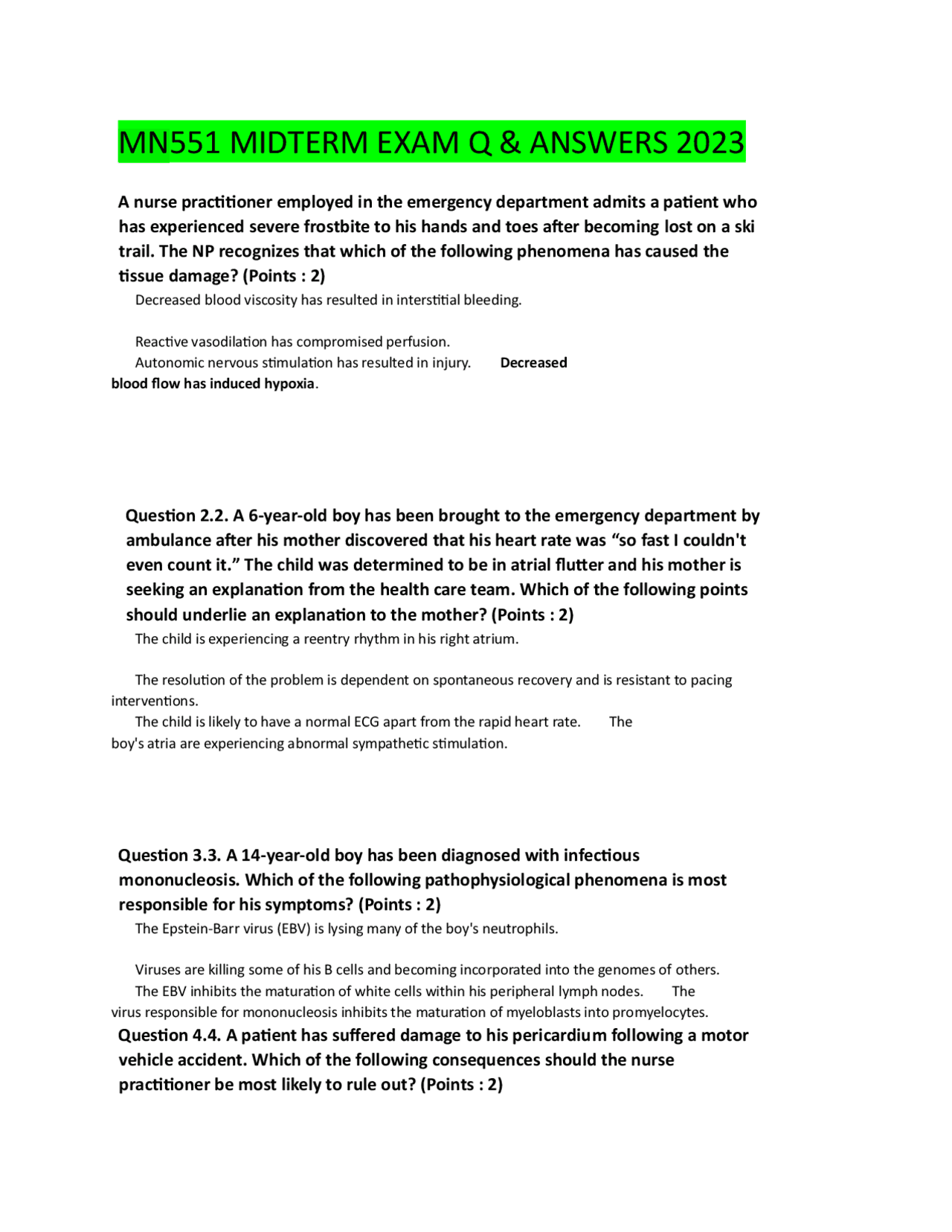 MN551 MIDTERM EXAM Q & ANSWERS 2023 | Exams Nursing | Docsity