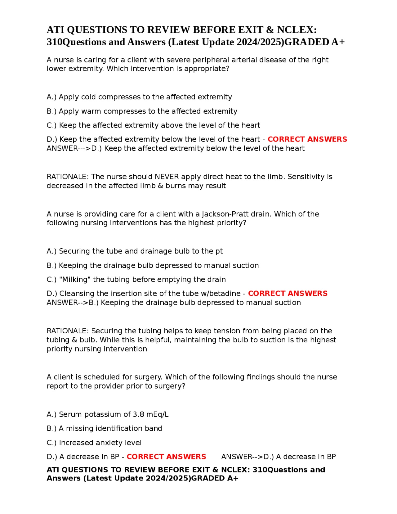 ATI QUESTIONS TO REVIEW BEFORE EXIT & NCLEX: 310Questions and Answers ...