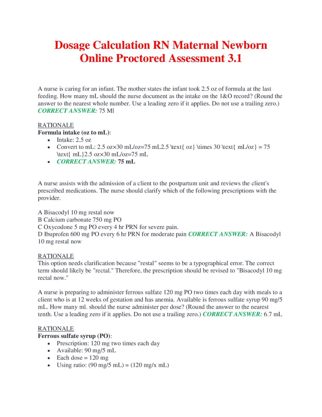 Dosage Calculation RN Maternal Newborn Online Proctored Assessment 3.1 ...