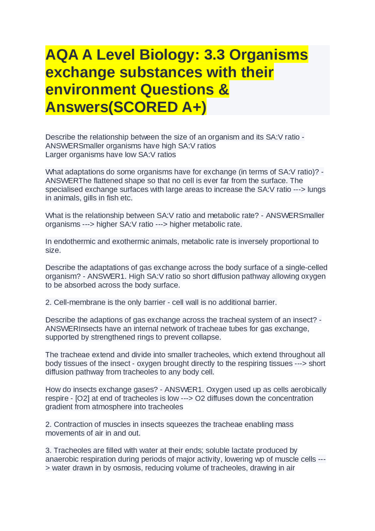 AQA A Level Biology: 3.3 Organisms exchange substances with their ...