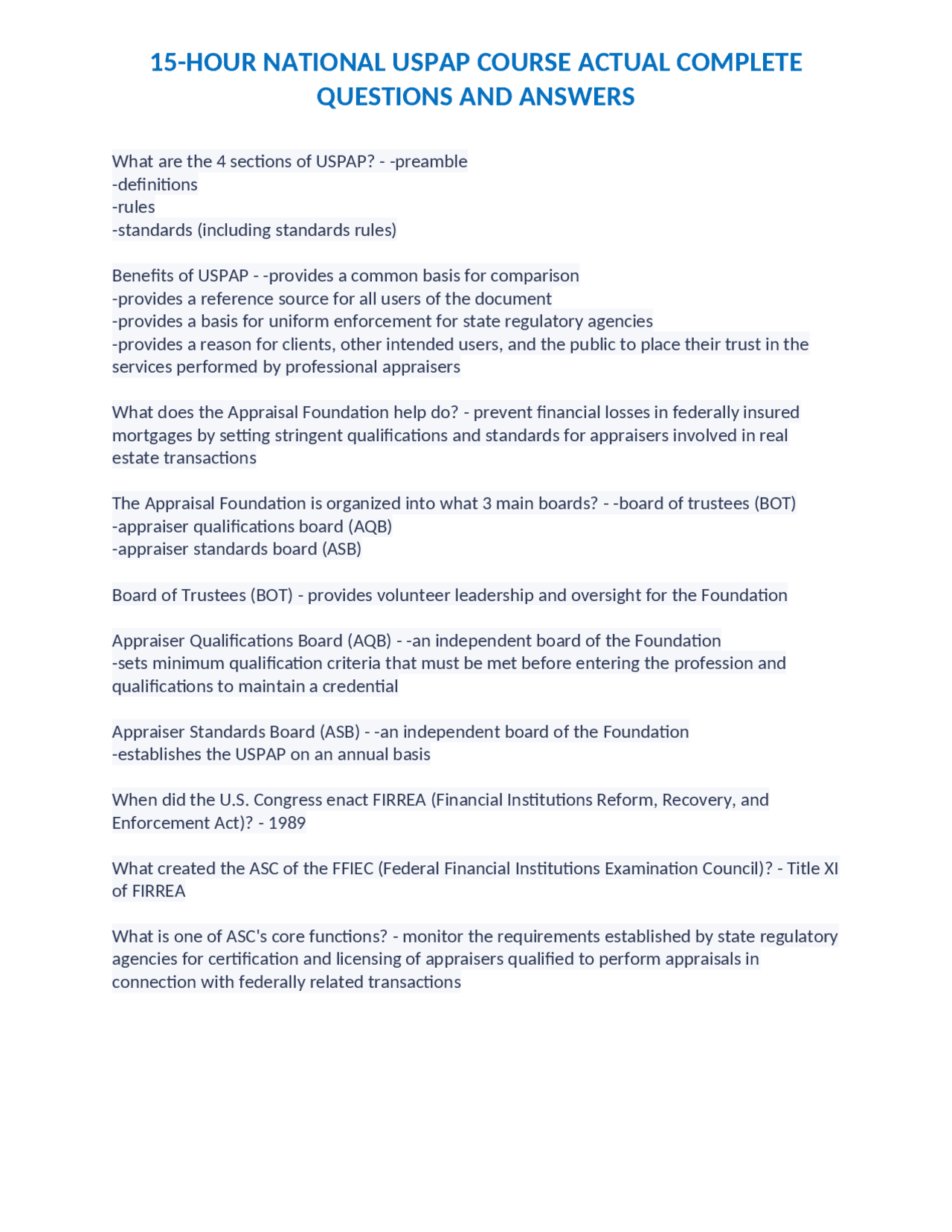 15-HOUR NATIONAL USPAP COURSE ACTUAL COMPLETE QUESTIONS AND ANSWERS ...