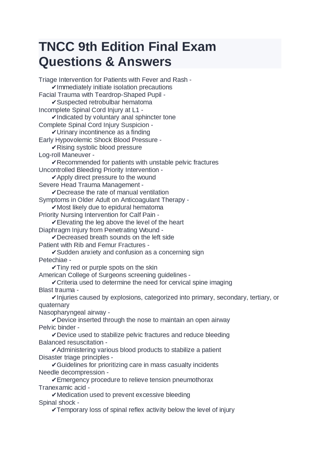 TNCC 9th Edition Final Exam Questions & Answers | Exams Nursing | Docsity