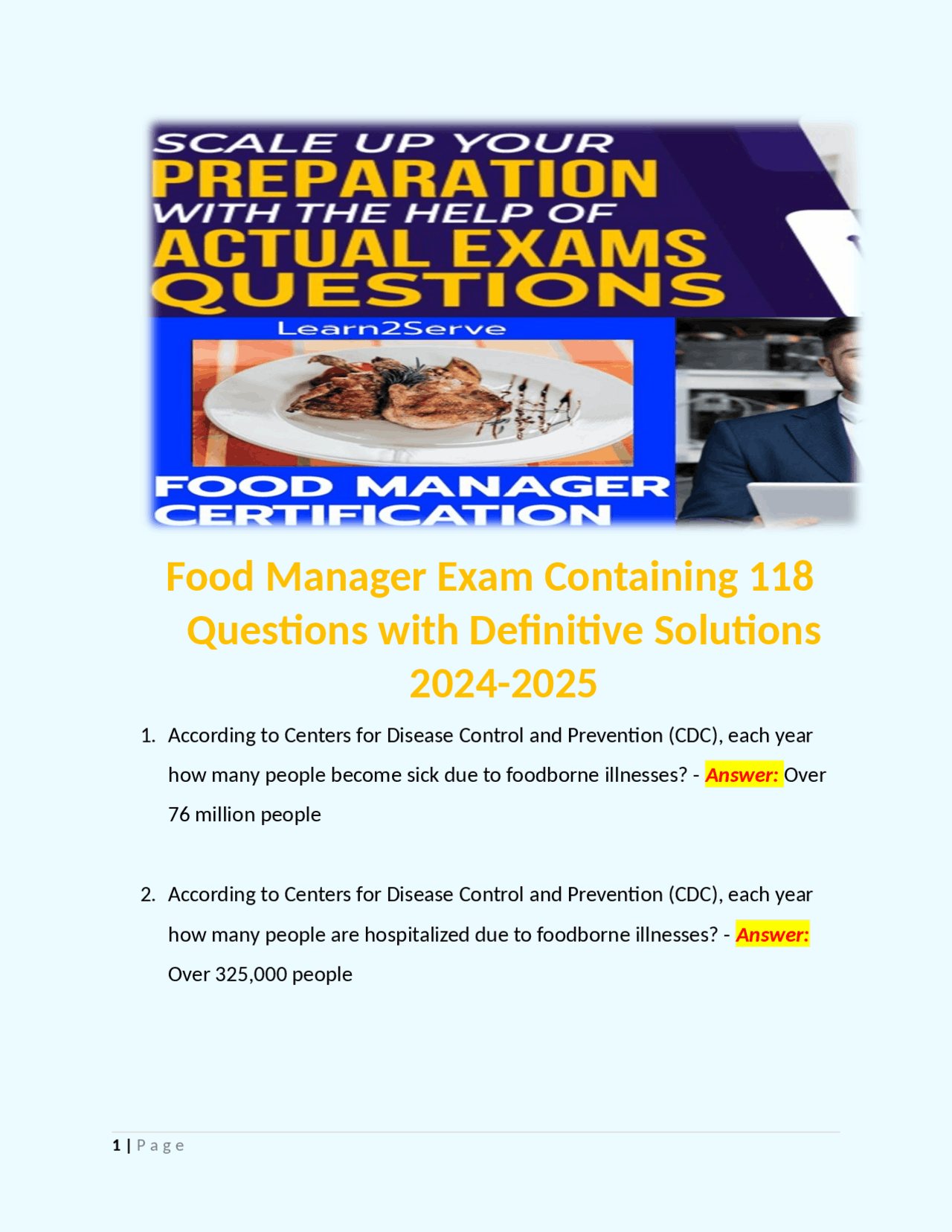 Food Manager Exam Qs & Ans | Exams Food science | Docsity