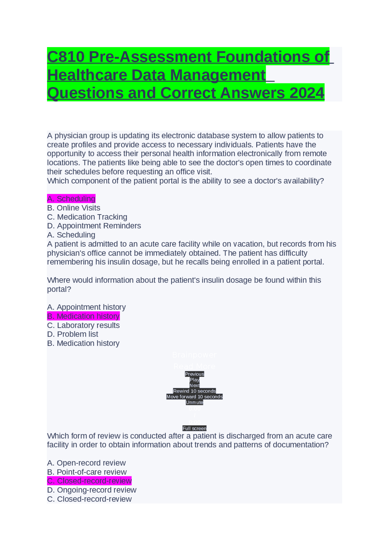 C810 Pre-Assessment Foundations of Healthcare Data Management Questions and Correct Answe ...