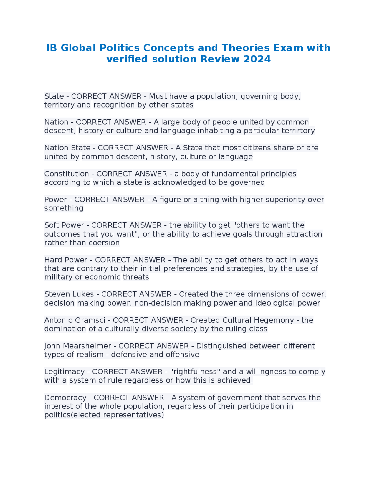 IB Global Politics Concepts and Theories Exam with verified solution Review 2024 | Exams ...