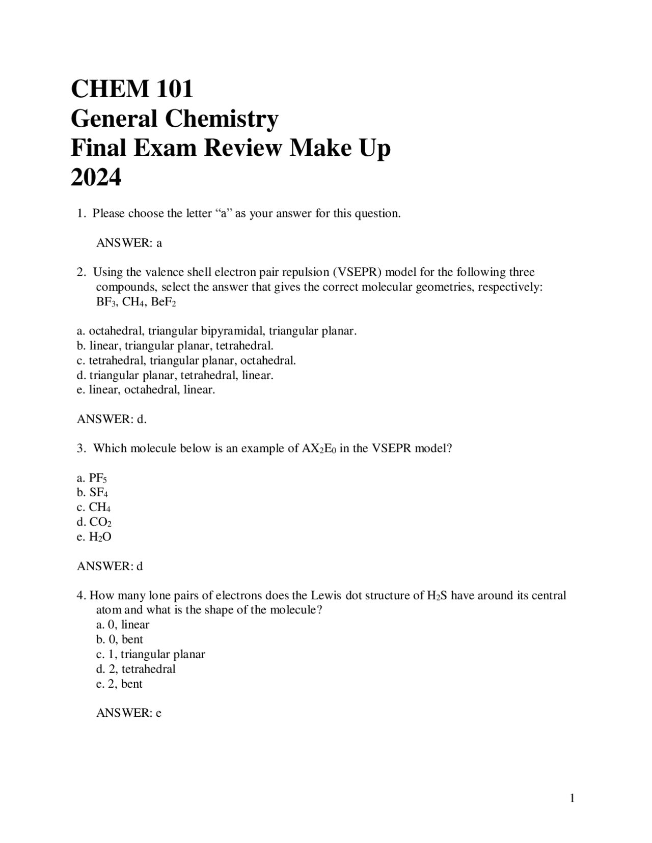 (Drexel) CHEM 101 General Chemistry Final Exam Make Up Review 2024 ...