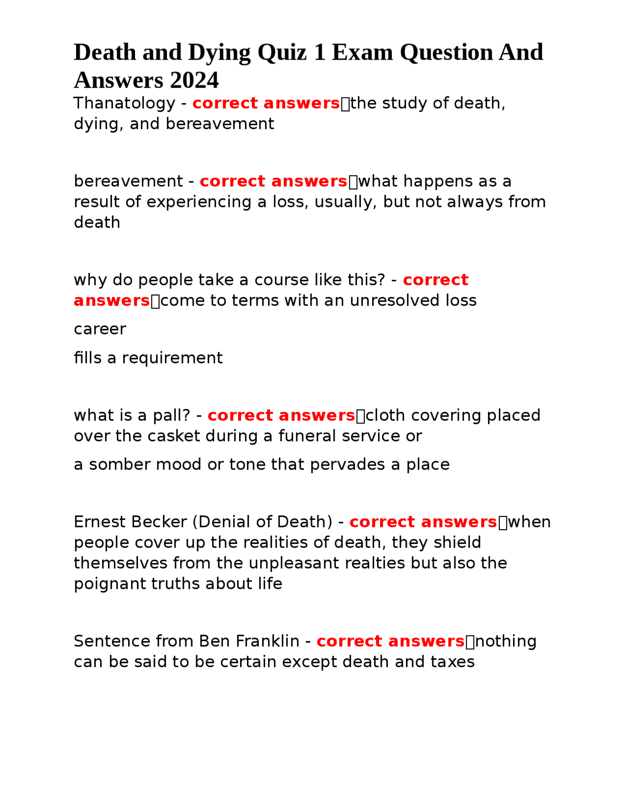 Death and Dying Quiz 1 Exam Question And Answers 2024 | Exams Nursing ...