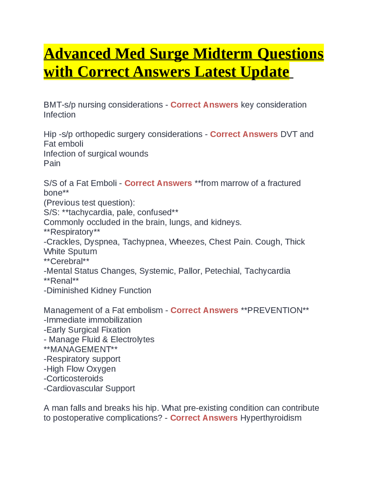 Advanced Med Surge Midterm Questions with Correct Answers Latest Update ...