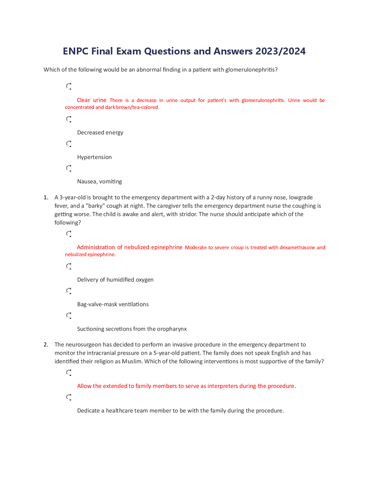 ENPC Final Exam Questions and Answers 2023/2024 | Exams Health sciences ...