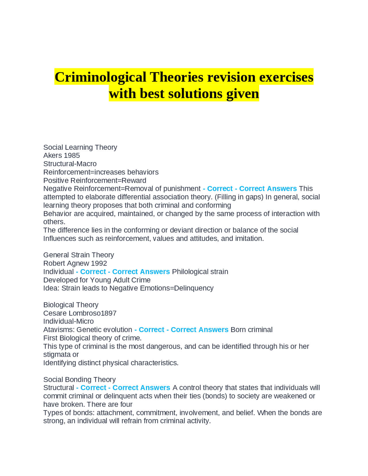 Criminological Theories revision exercises with best solutions given ...
