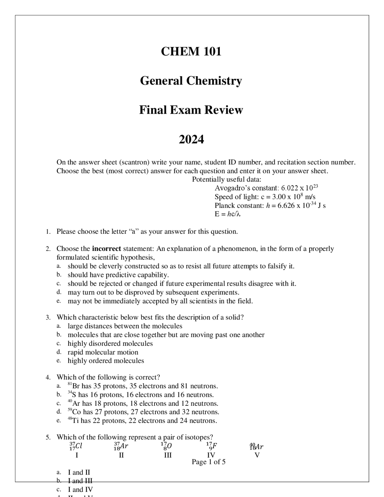 (Drexel) CHEM 101 General Chemistry Final Exam Review 2024 | Exams ...