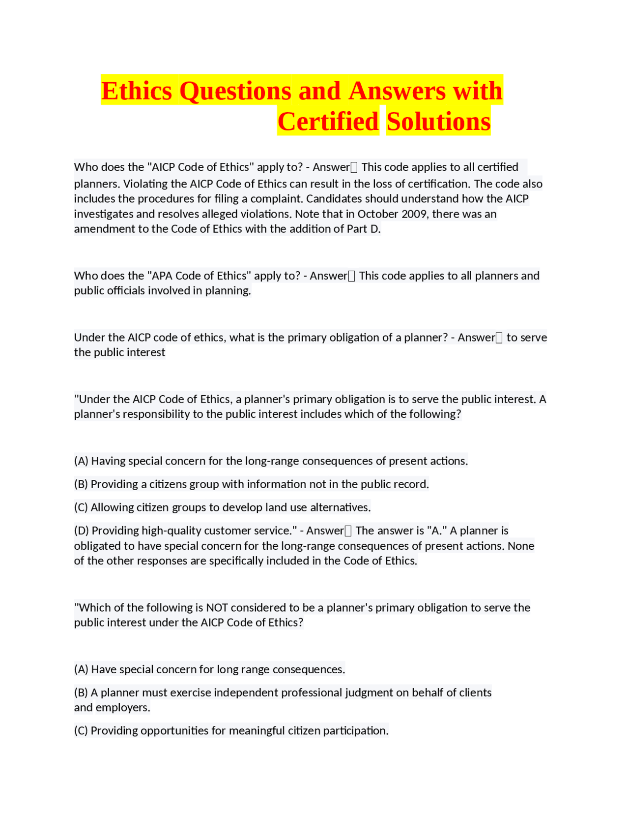 Ethics Questions and Answers with Certified Solutions | Study notes ...
