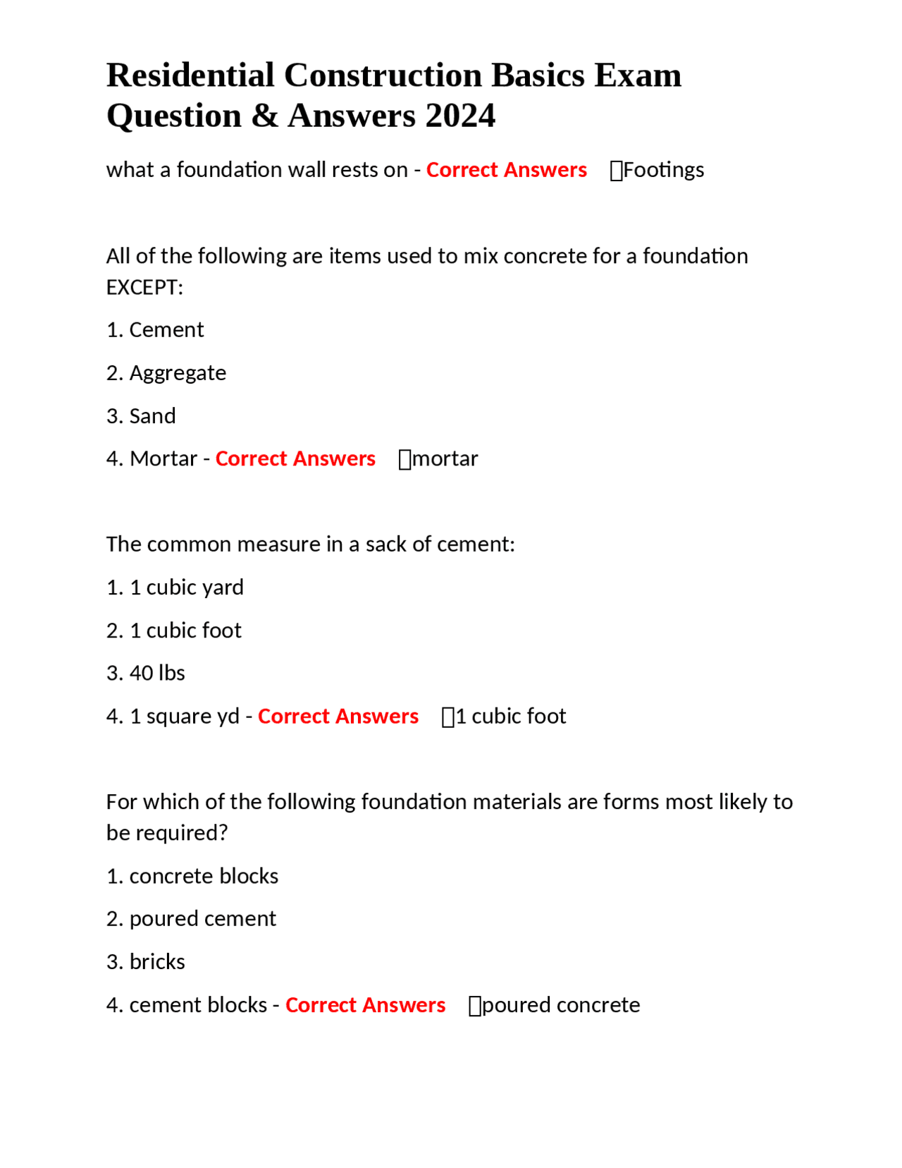 Residential Construction Basics Exam Question & Answers 2024 | Exams ...