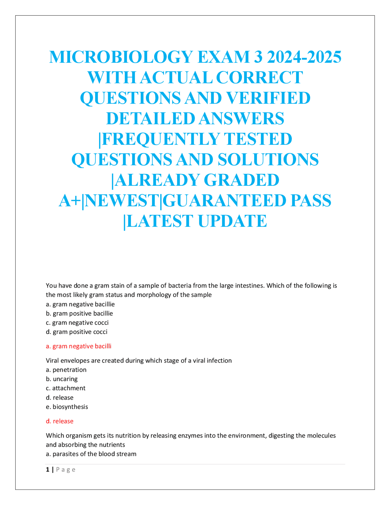 MICROBIOLOGY EXAM 3 2024-2025 | Exams Nursing | Docsity