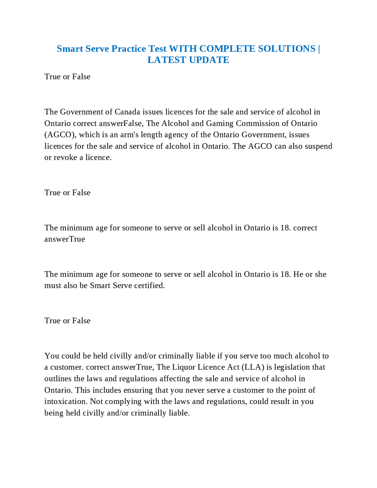 Smart Serve Practice Test WITH COMPLETE SOLUTIONS | LATEST UPDATE ...