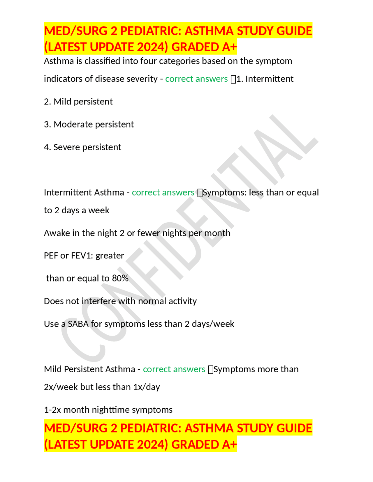 MED/SURG 2 PEDIATRIC: ASTHMA STUDY GUIDE (LATEST UPDATE 2024) GRADED A+ ...