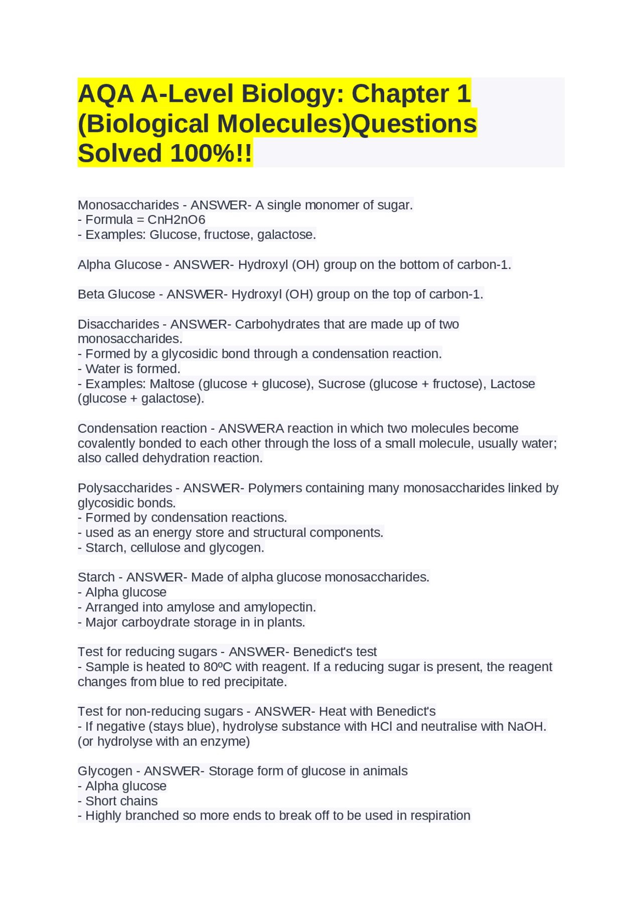 AQA A-Level Biology: Chapter 1 (Biological Molecules)Questions Solved ...
