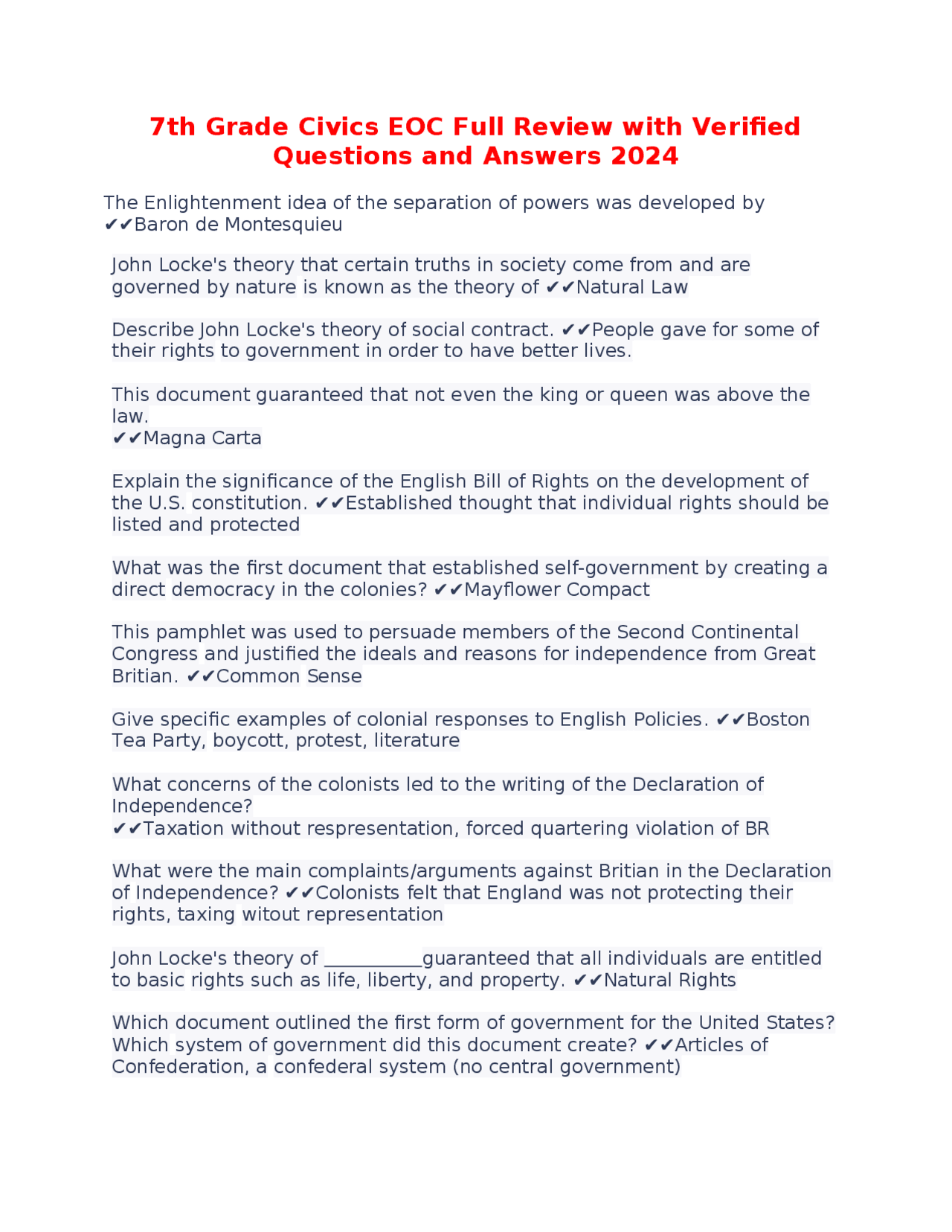 7th Grade Civics EOC Full Review with Verified Questions and Answers ...