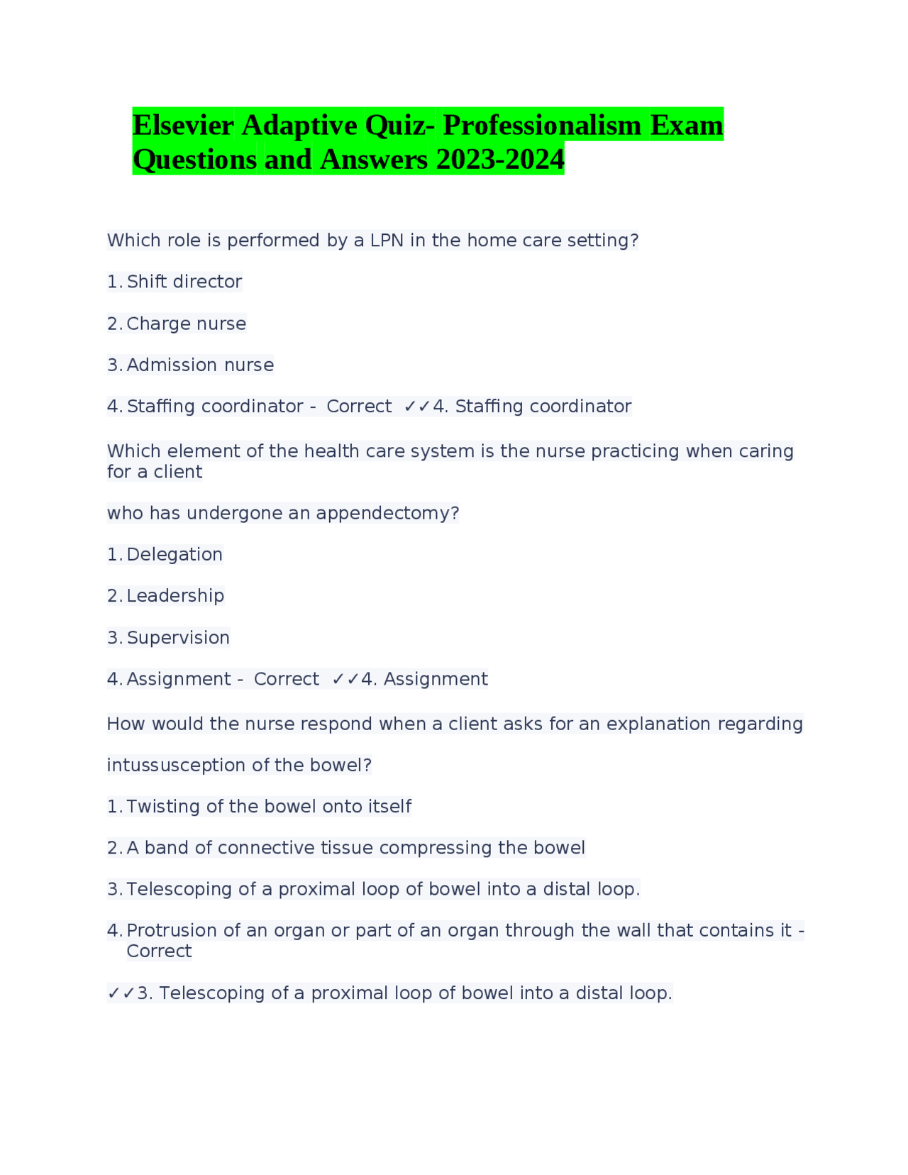 Elsevier Adaptive Quiz- Professionalism Exam Questions and Answers 2023 ...