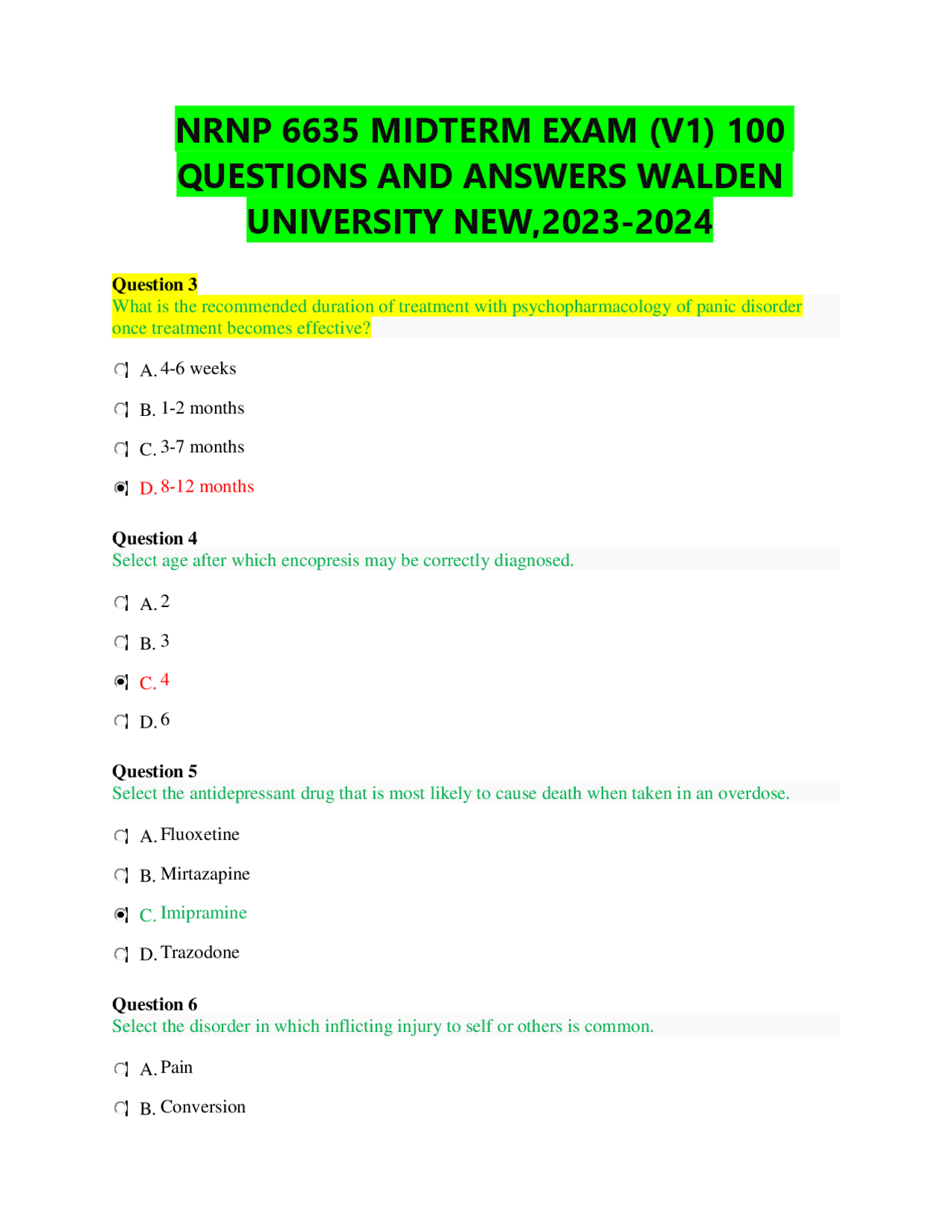 NRNP 6635 MIDTERM EXAM (V1) 100 QUESTIONS AND ANSWERS WALDEN UNIVERSITY ...