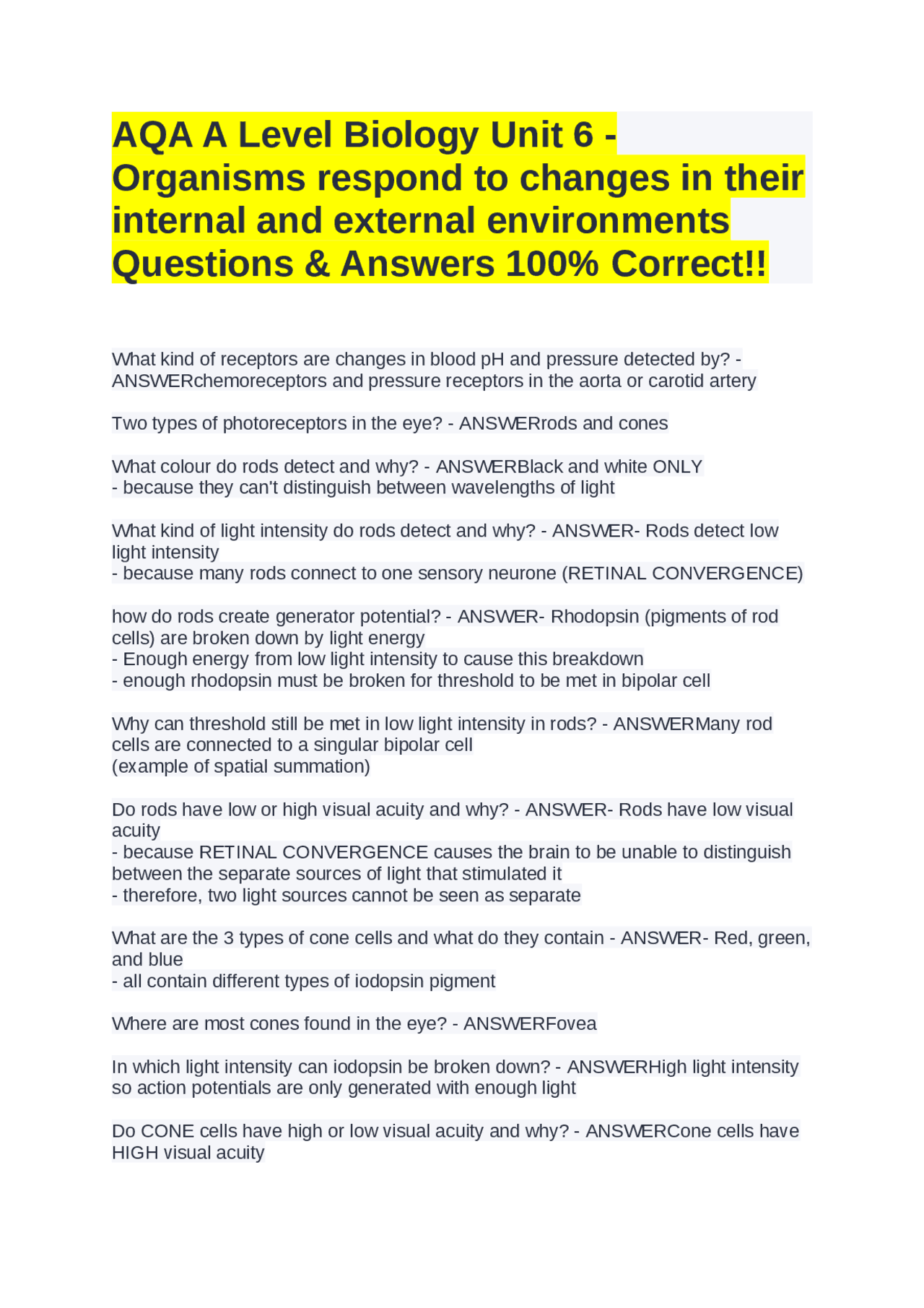 AQA A Level Biology Unit 6 - Organisms respond to changes in their ...