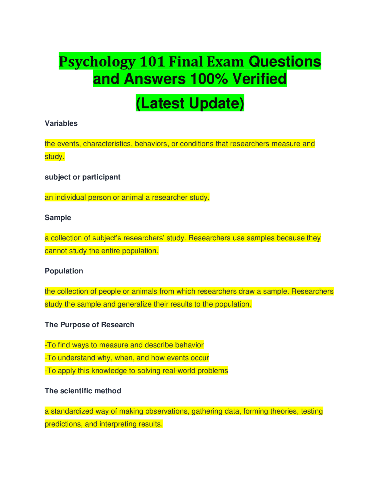 Psychology 101 Final Exam Questions and Answers 100% Verified (Latest ...