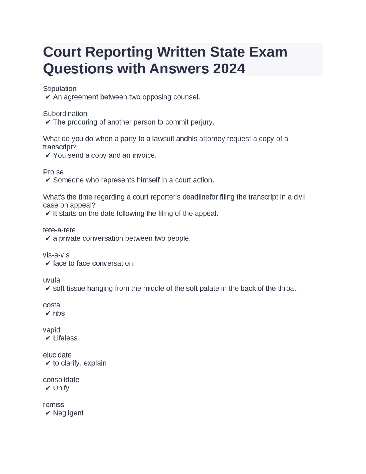 Court Reporting Written State Exam Questions with Answers 2024 | Exams ...