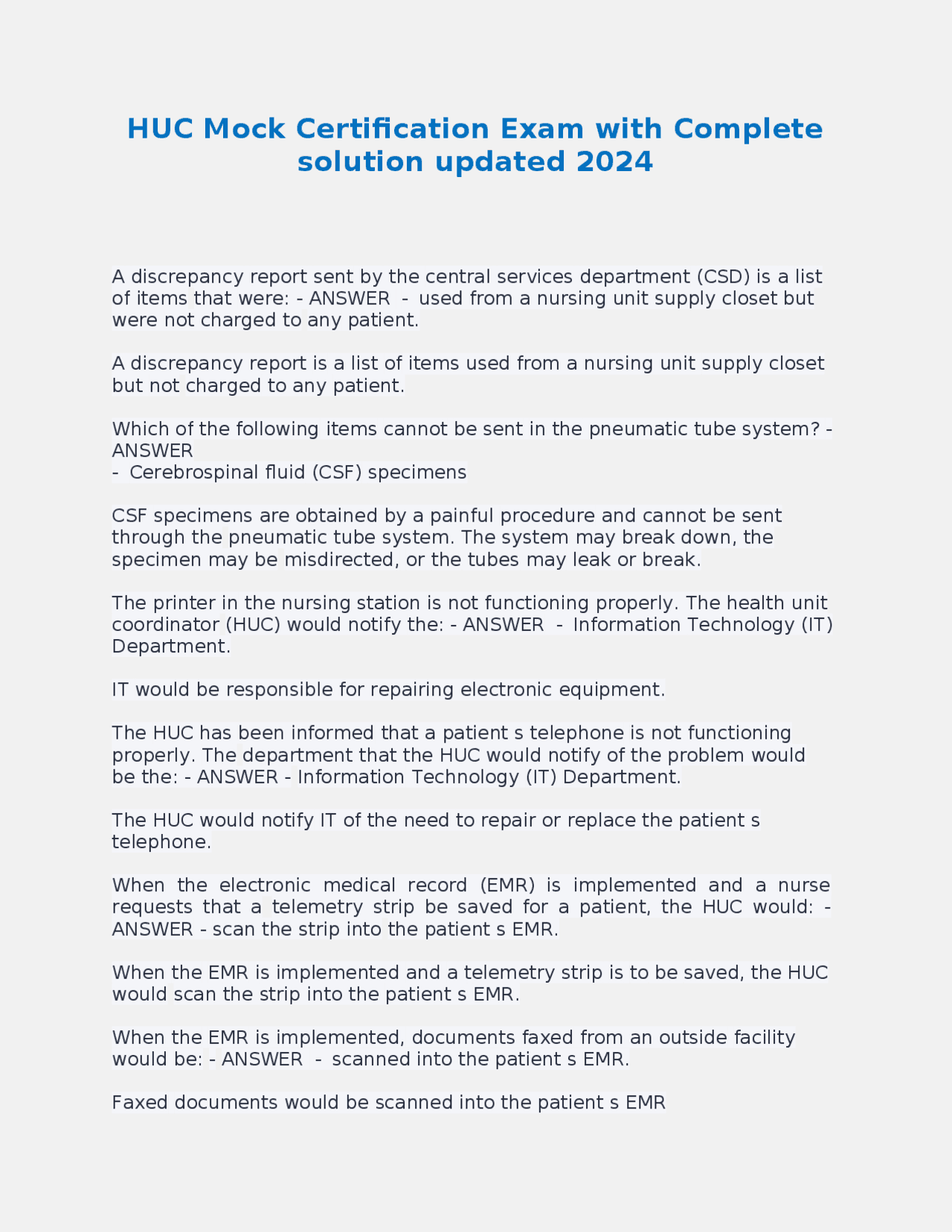 HUC Mock Certification Exam with Complete solution updated 2024 | Exams ...