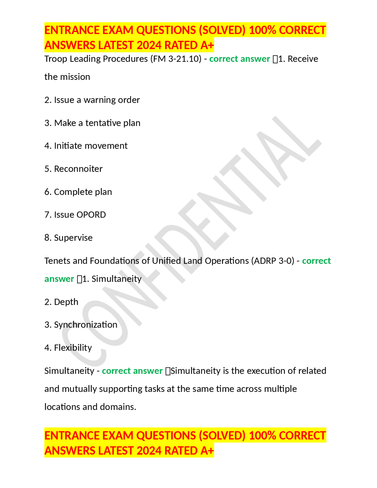 ENTRANCE EXAM QUESTIONS (SOLVED) 100% CORRECT ANSWERS LATEST 2024 RATED ...