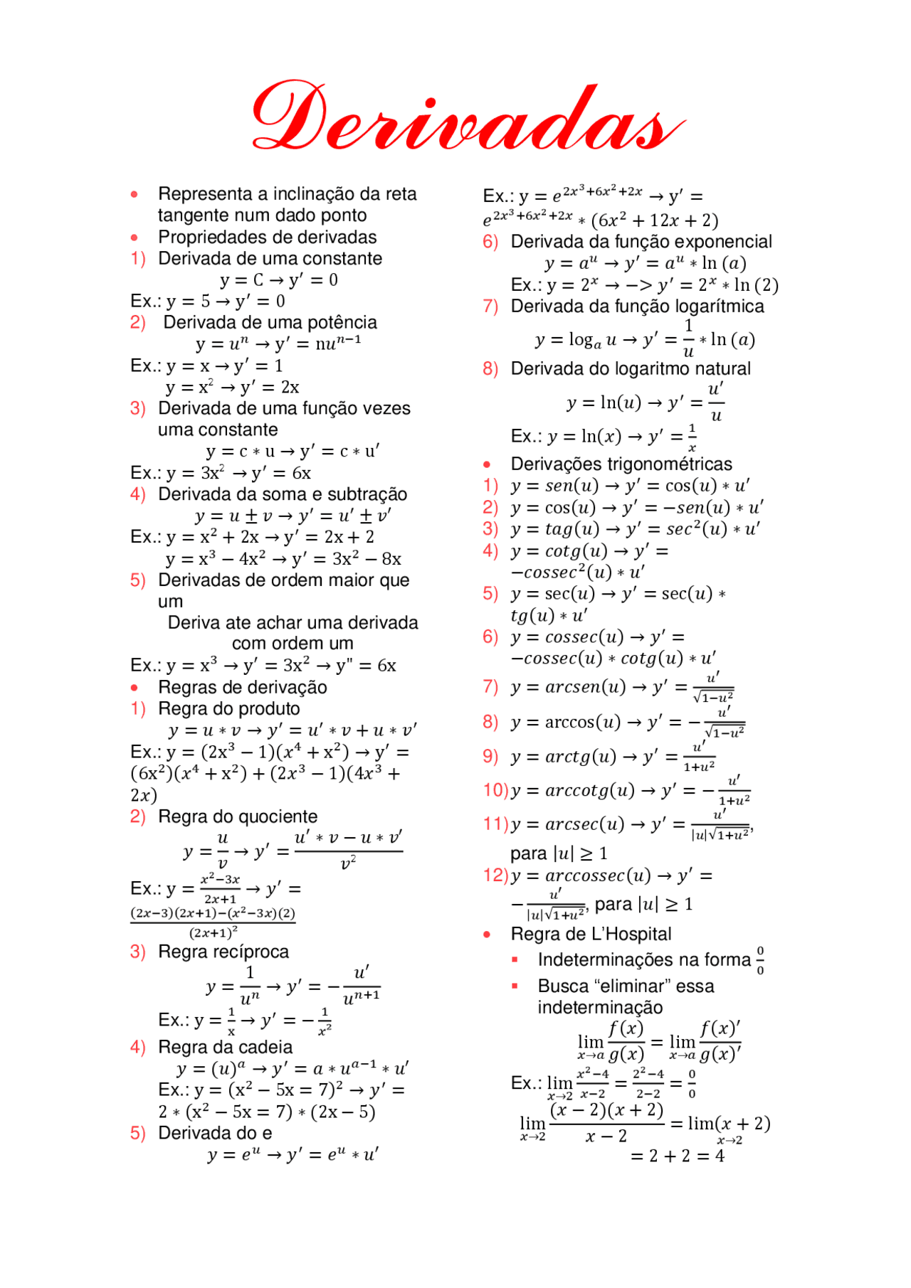 Resumo de Cálculo de Derivadas com Exemplos | Esquemas Cálculo ...