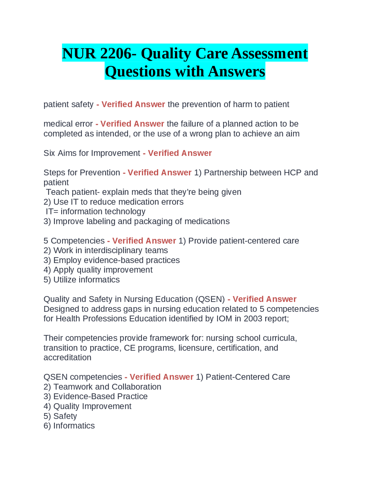 NUR 2206- Quality Care Assessment Questions with Answers | Exams ...
