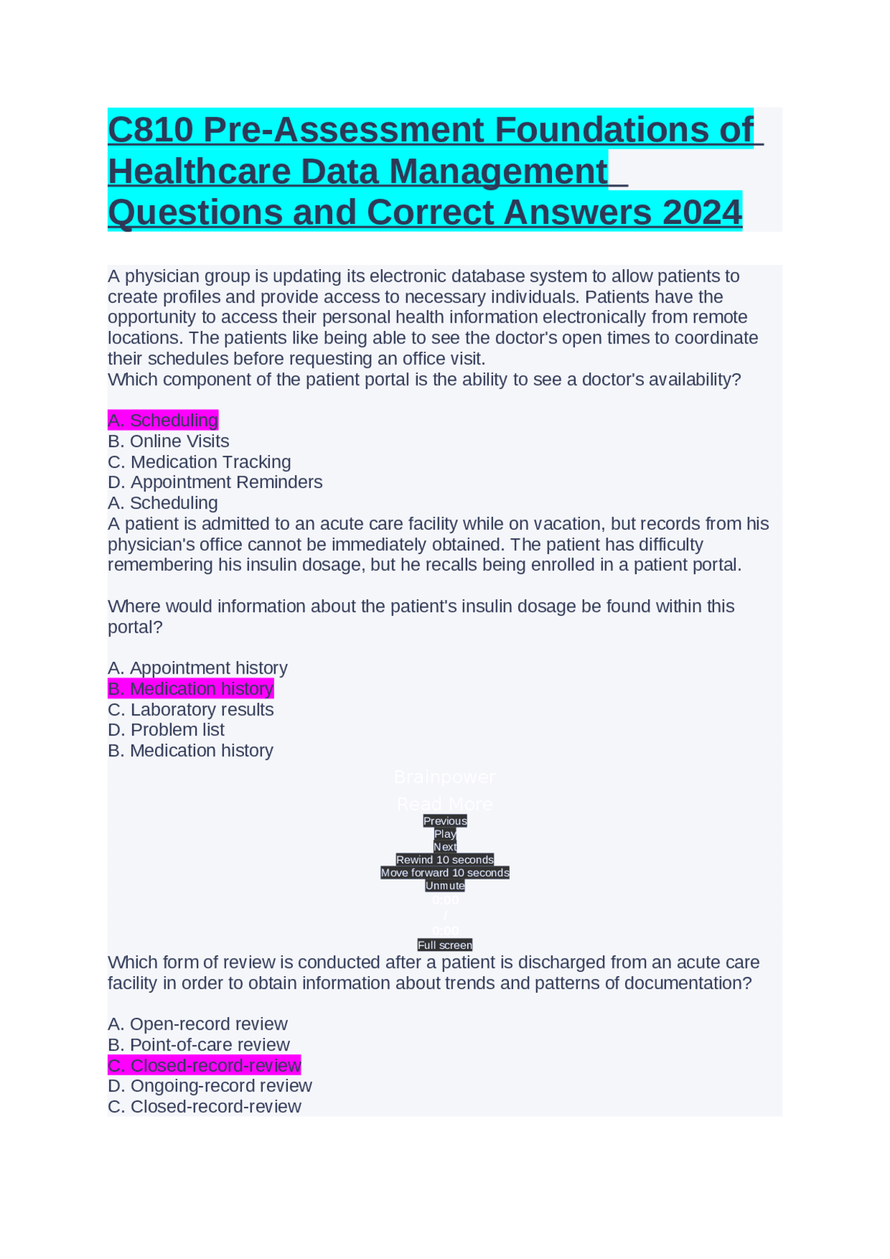 C810 Pre-Assessment Foundations of Healthcare Data Management Questions and Correct Answe ...