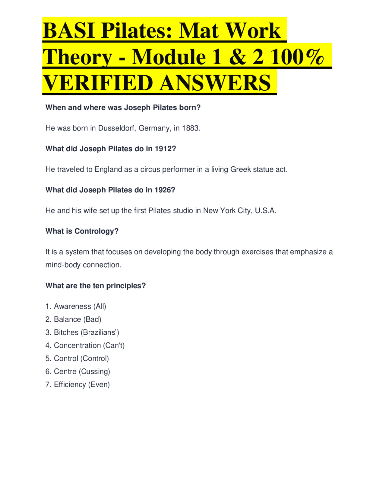 BASI Pilates: Mat Work Theory - Module 1 & 2 100% VERIFIED ANSWERS ...