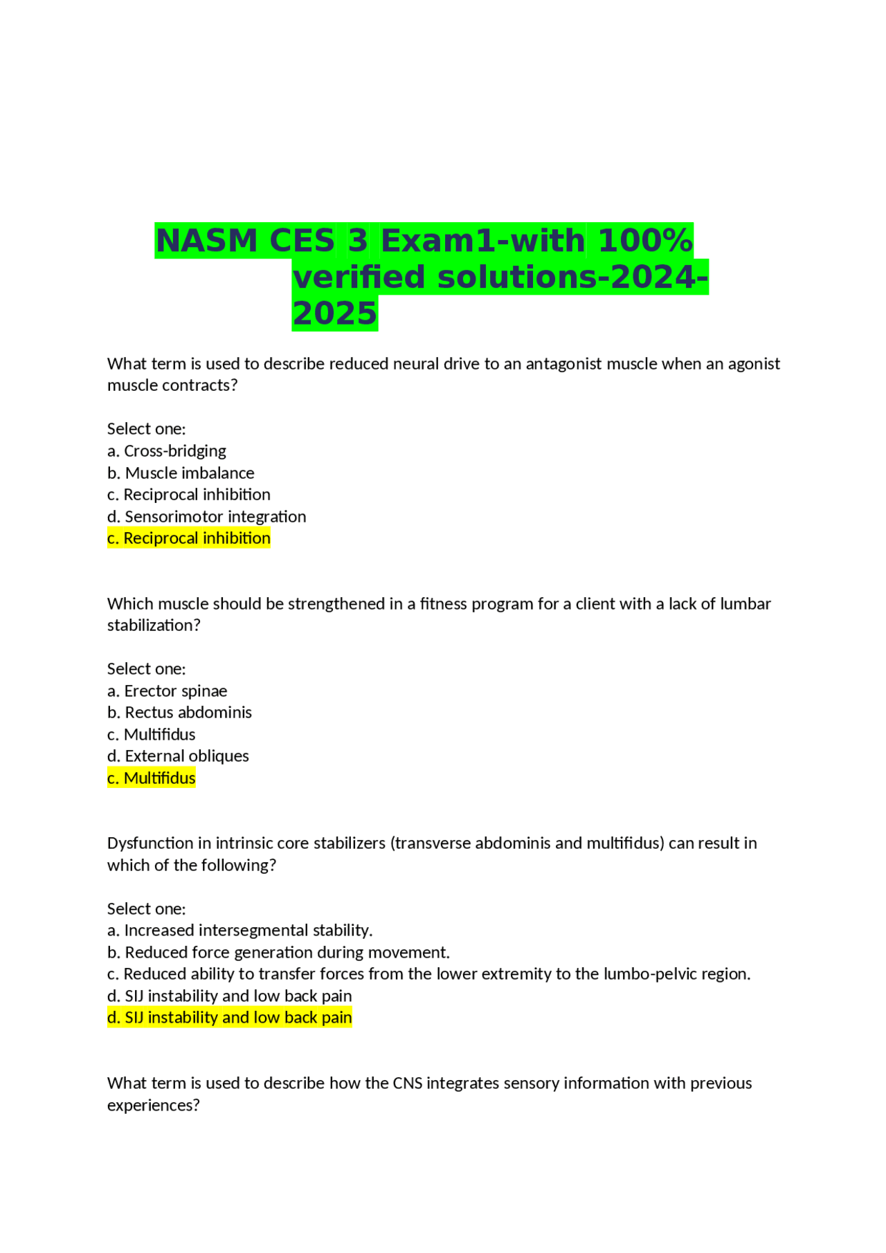 NASM CES 3 Exam1-with 100% verified solutions-2024-2025.docx | Exams ...